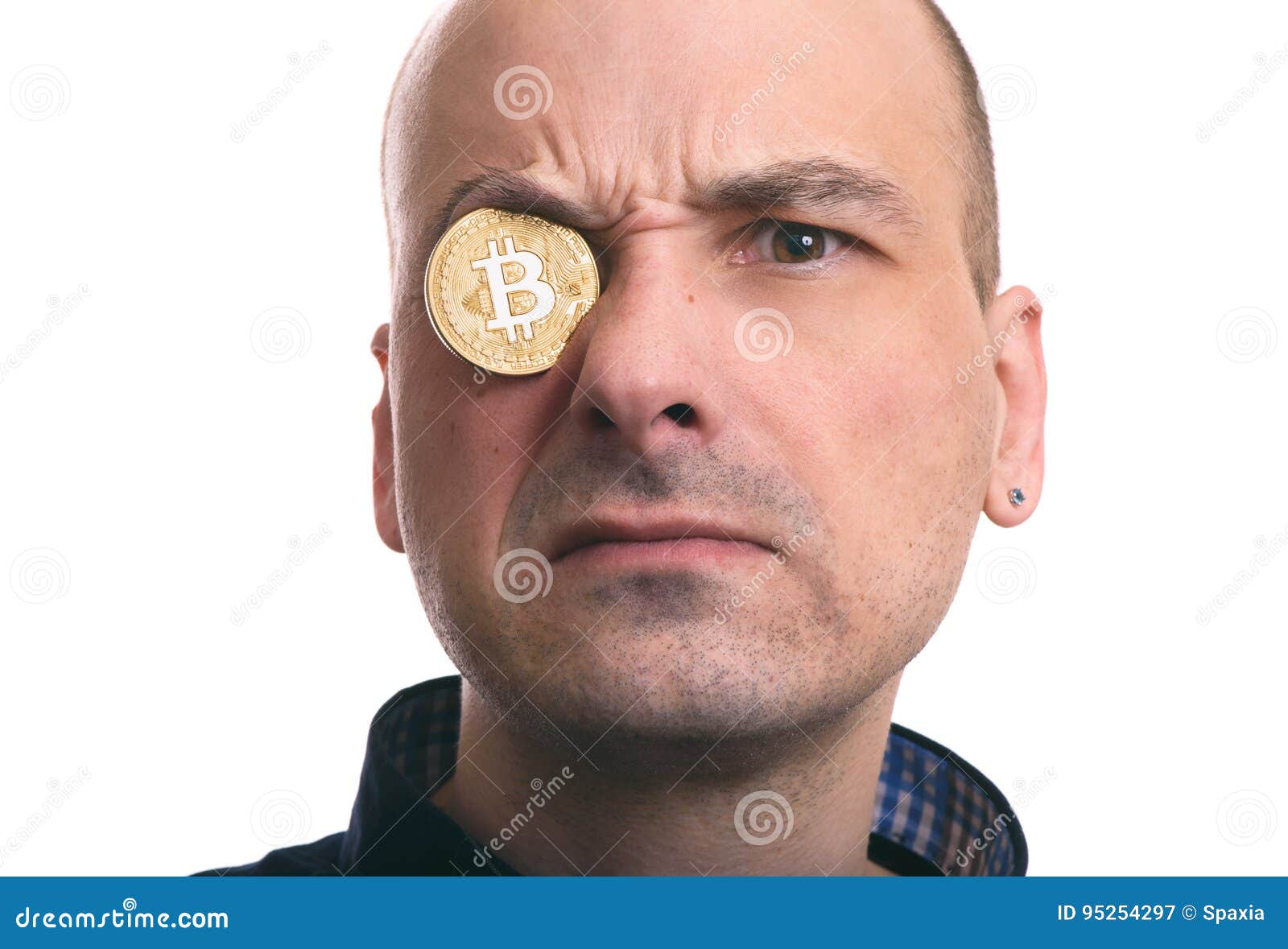 Blockchain Mining. Portrait of a Man with Bitcoin Coin Stock Image ...