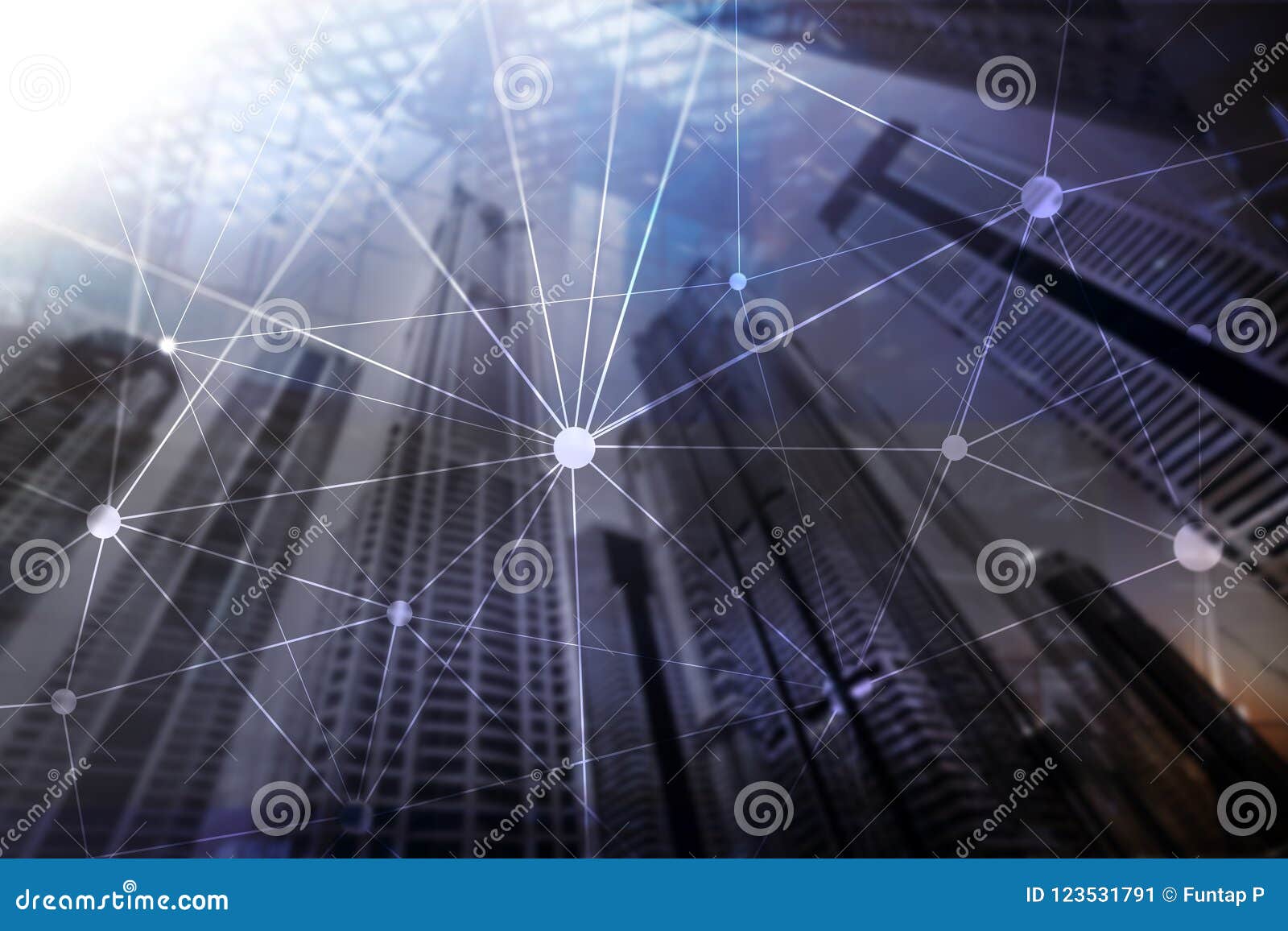 Blockchain Network on Blurred Skyscrapers Background. Financial ...