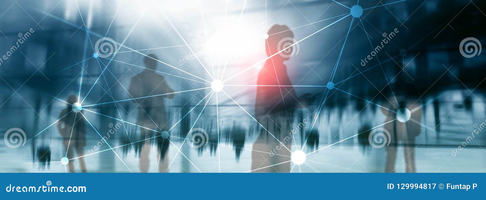 Blockchain Network on Blurred Skyscrapers Background. Financial ...