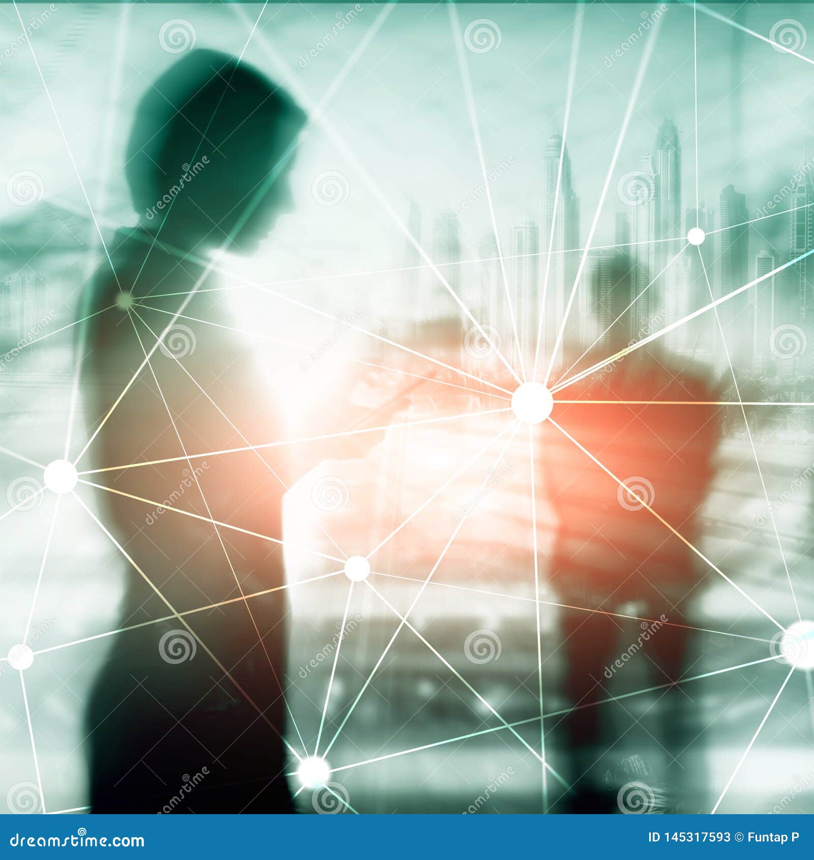 Blockchain Network on Blurred Skyscrapers Background. Financial ...