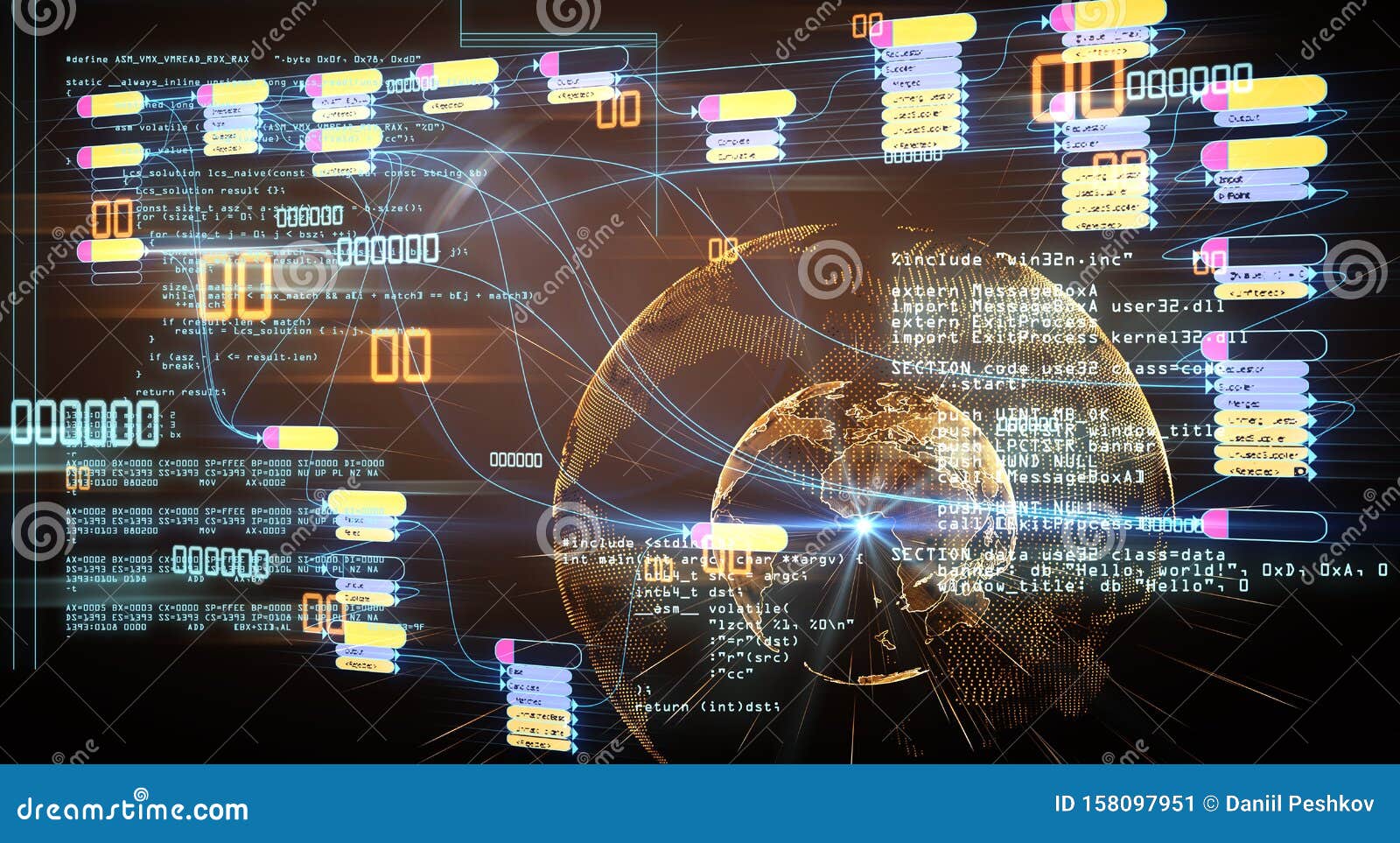 Blockchain And Programming Concept With Node Base Programming And Binary Code Stock Illustration
