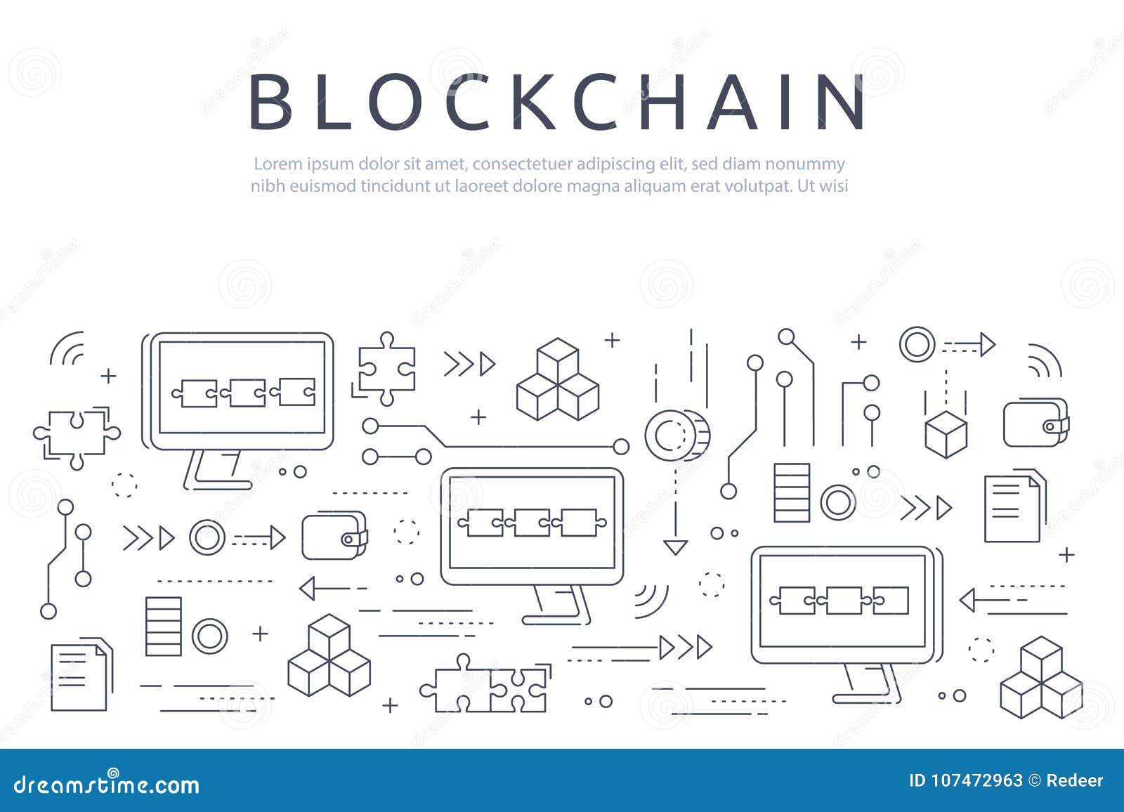 Blockchain Technologie Process Abstract Illustration in Thin Line Style ...