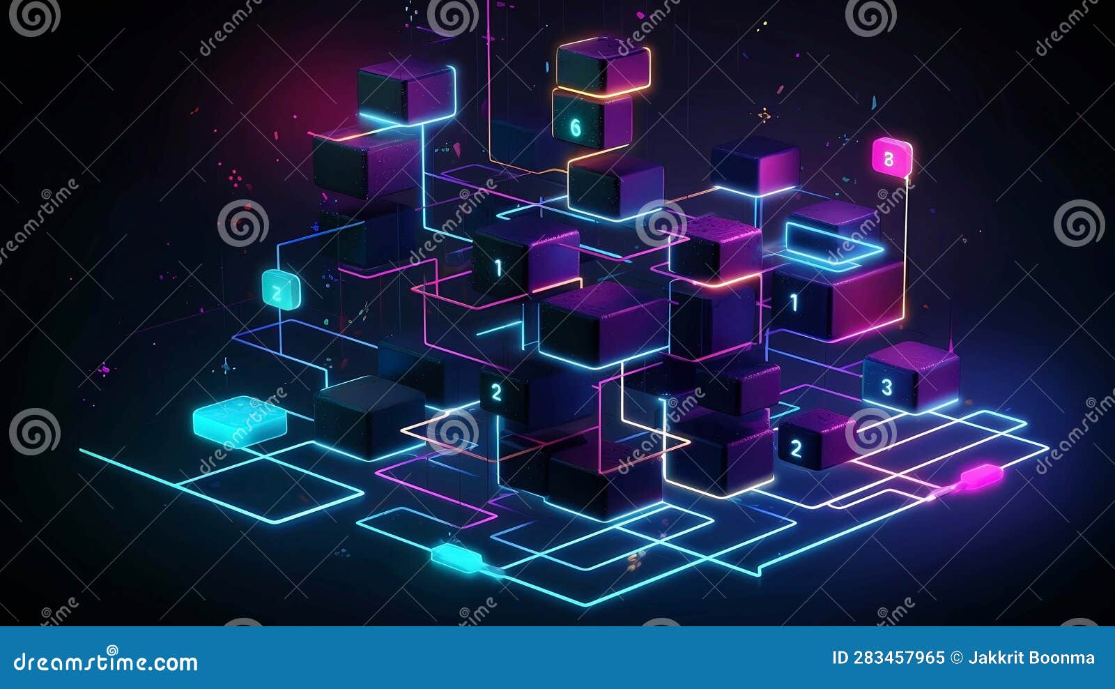 Blockchain Technology Concept in Neon Style, Abstract Background ...
