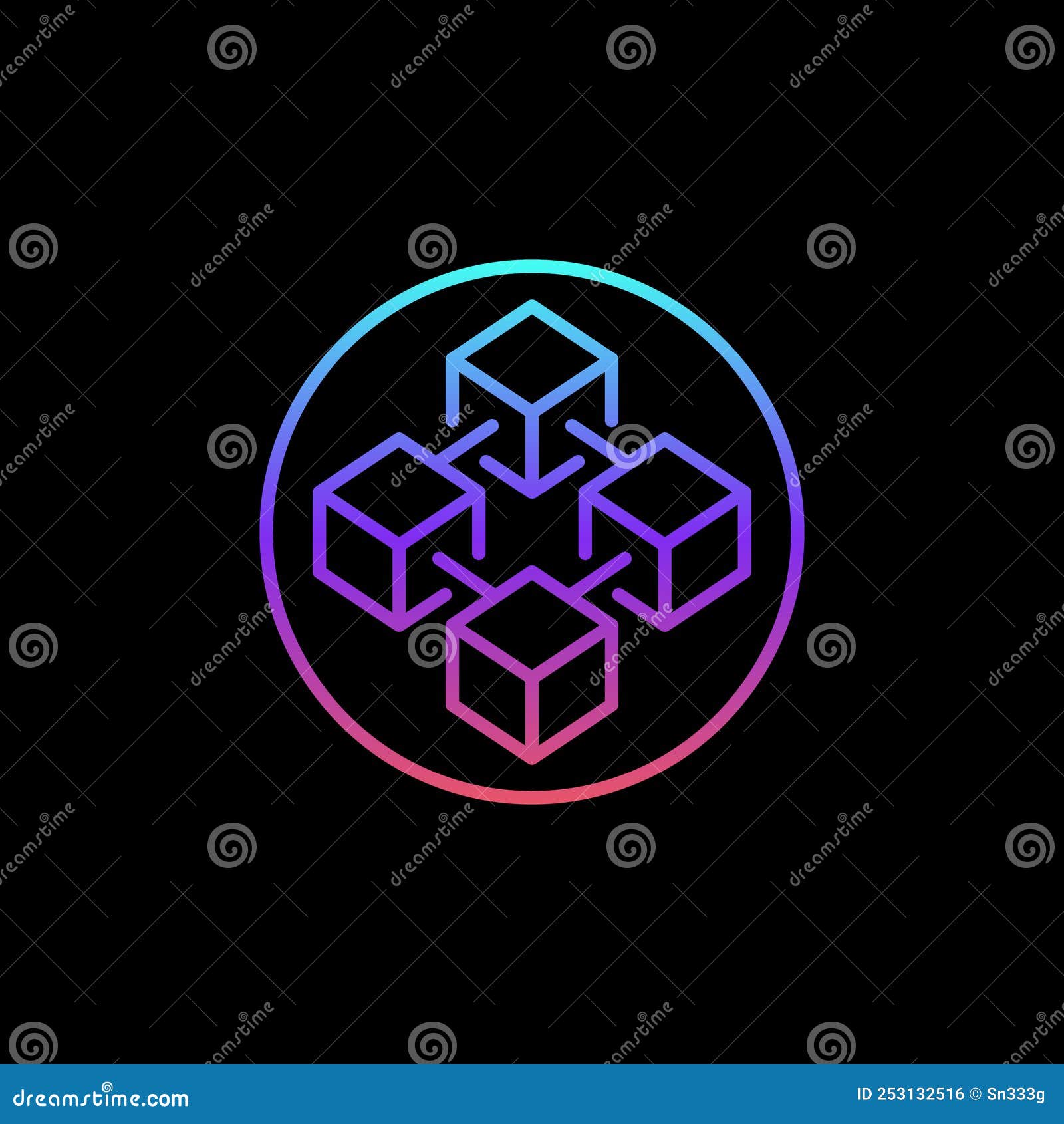 Blockchain Technology Linear Vector Blue Icon. Circle with Four Blocks ...