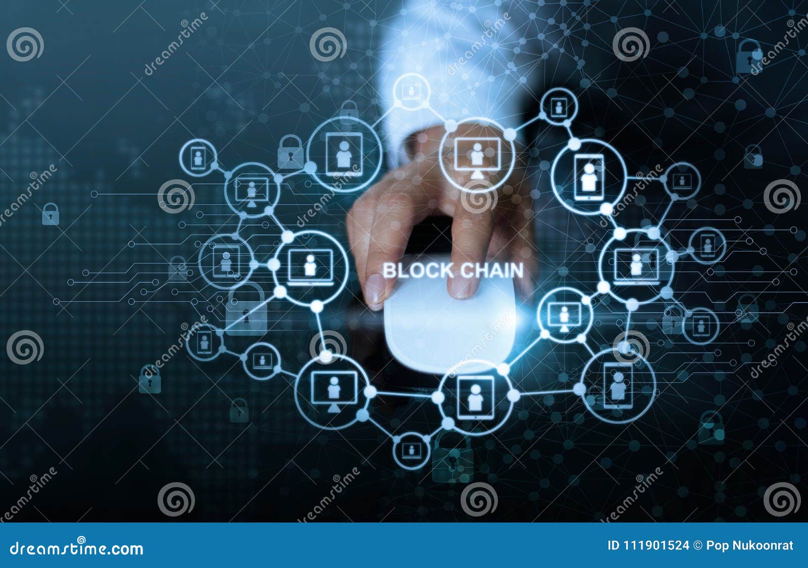 Blockchain Technology Network Concept. Businessman Click Mouse Computer ...