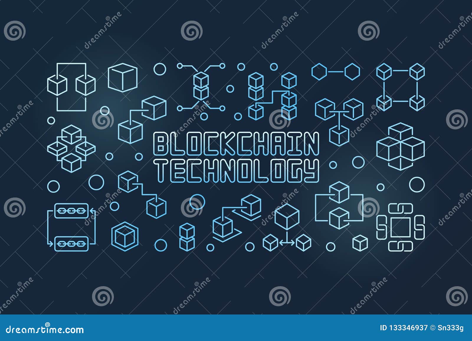 Blockchain Technology Vector Blue Line Horizontal Banner Stock Vector ...