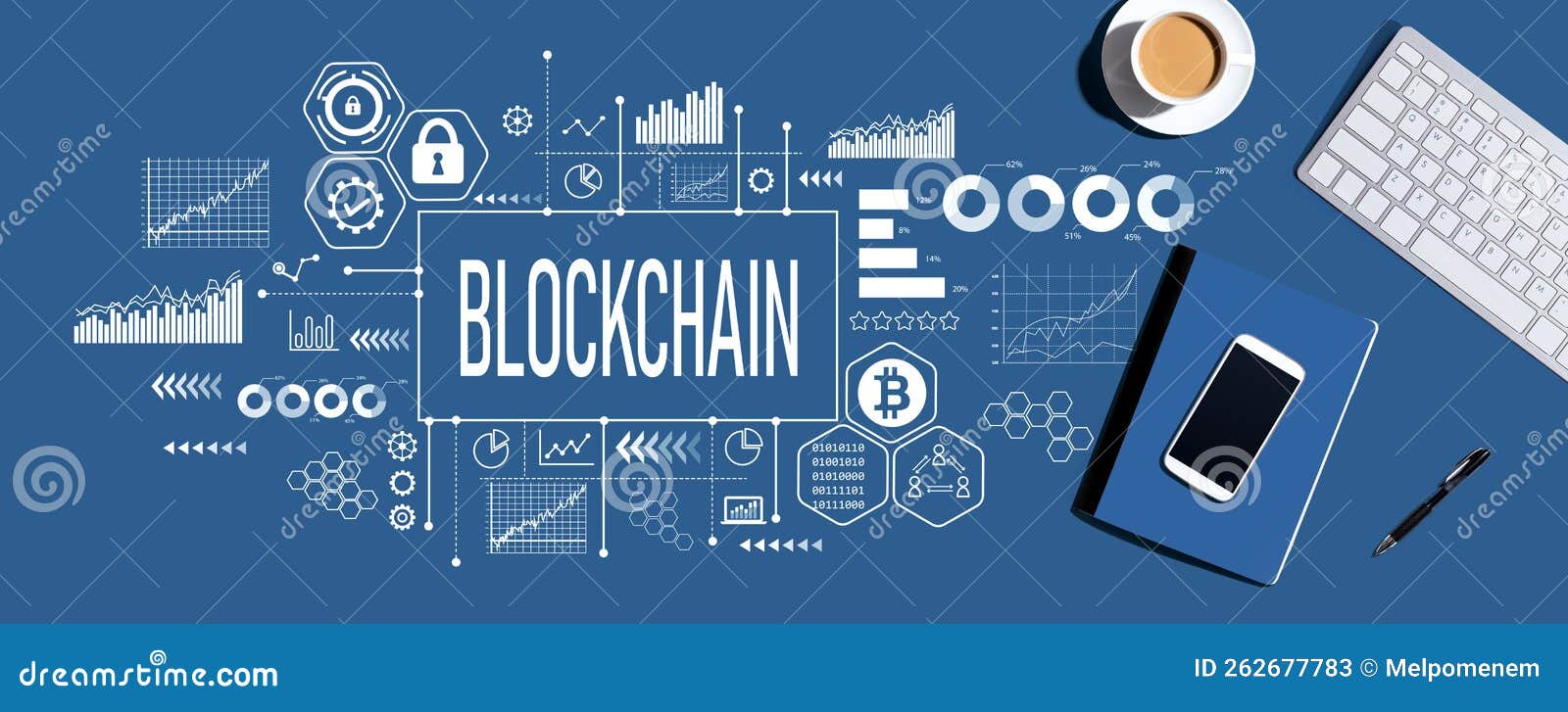 Blockchain Theme with Computer Keyboard and Office Items Stock Image ...