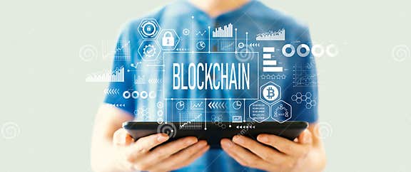 Blockchain Theme with Man Using a Tablet Stock Photo - Image of block ...