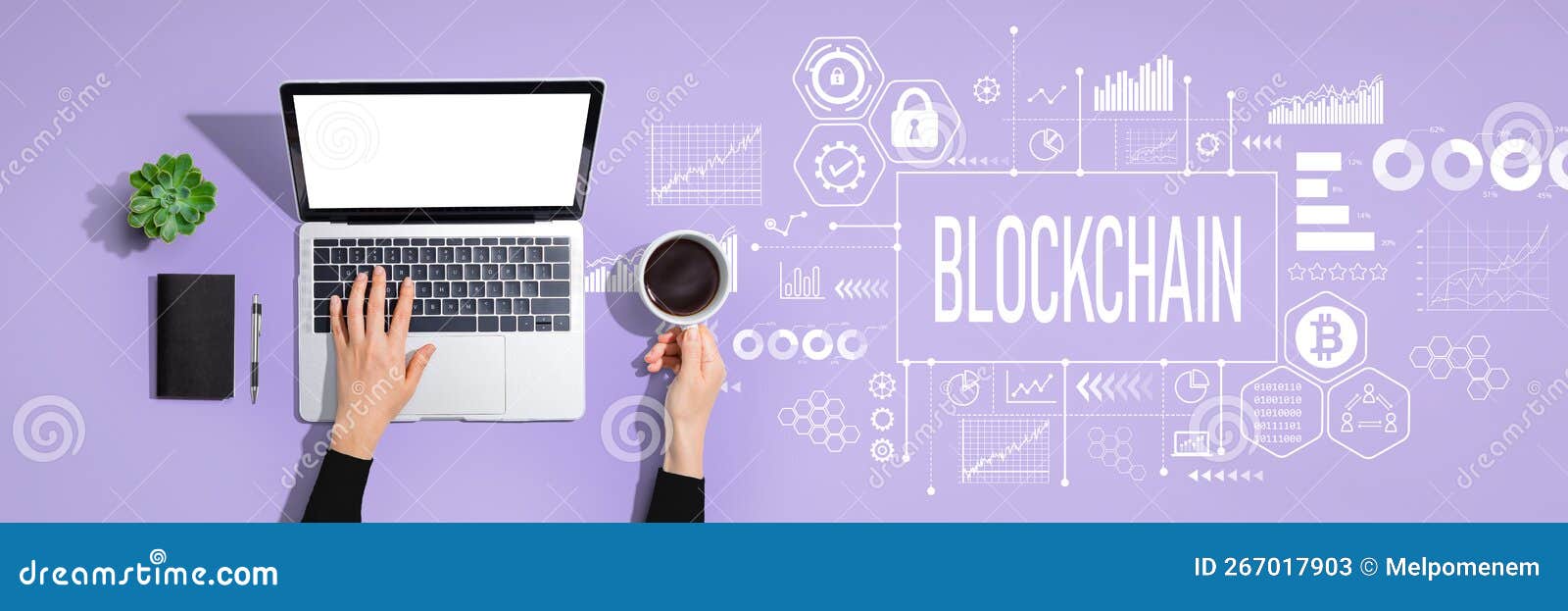 Blockchain Theme with Person Using Laptop Computer Stock Image - Image ...