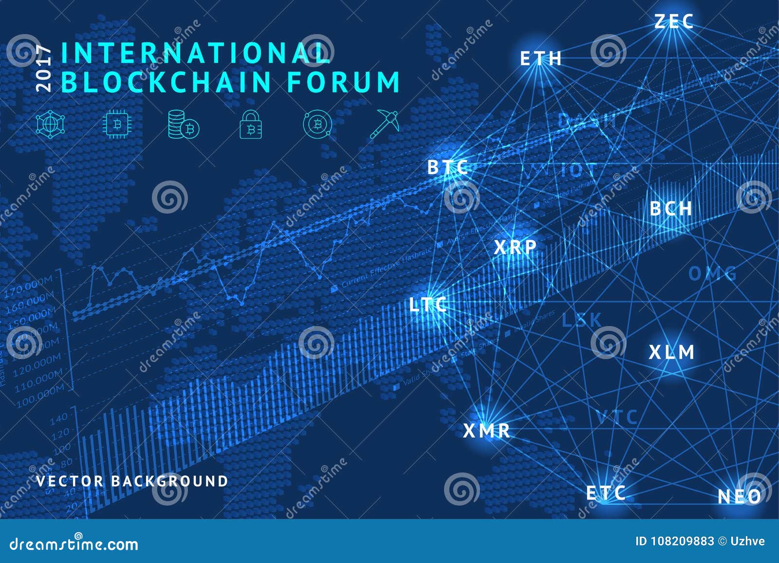 Blockchain Vector Illustration Background With Icons, Graphs And ...