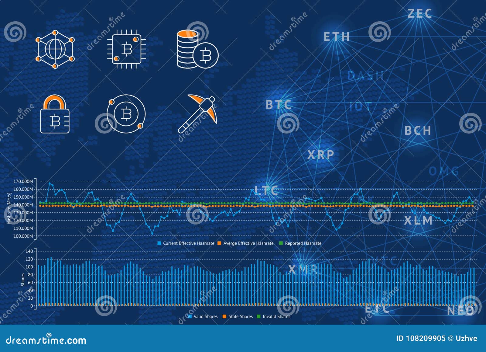 Blockchain Vector Illustration Background with Icons, Graphs and ...
