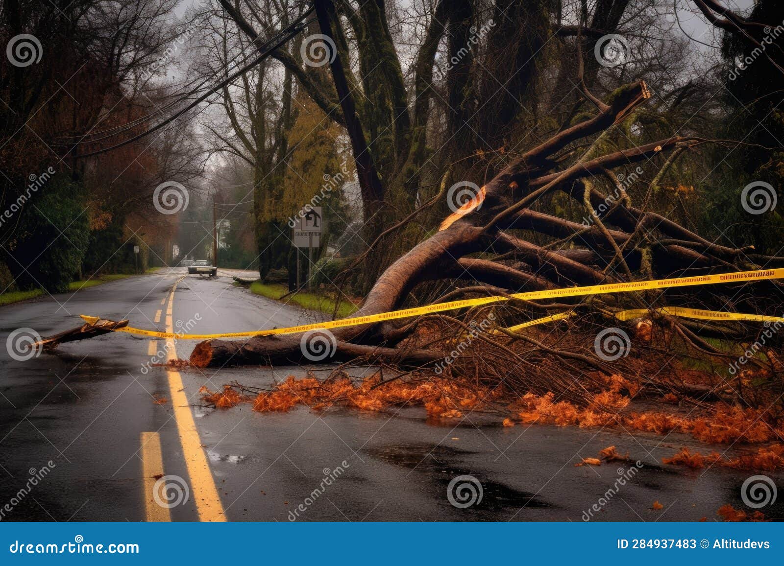 Blocked Road with Caution Tape Around the Fallen Tree Stock ...