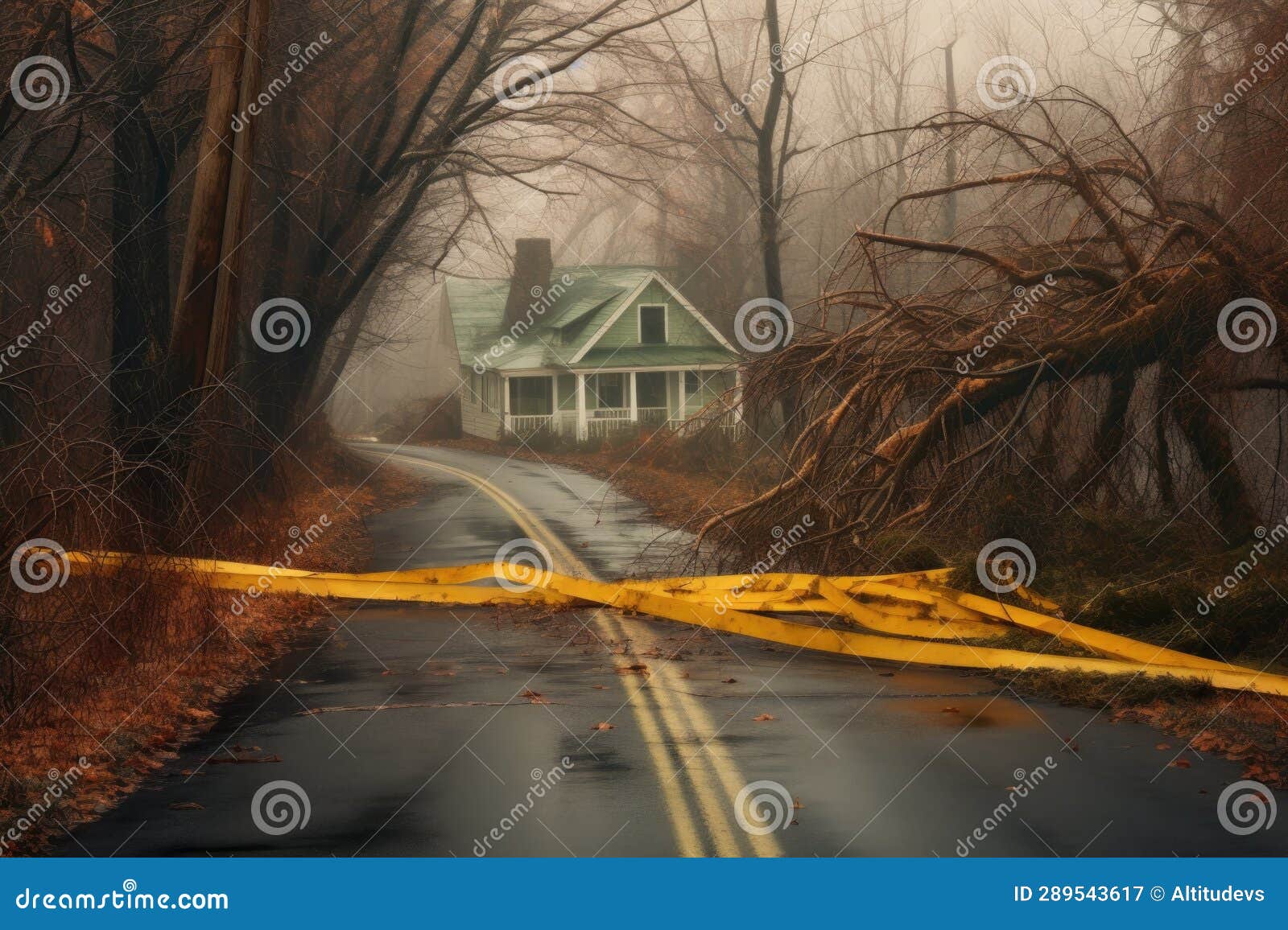 Blocked Road with Caution Tape Around the Fallen Tree Stock Image ...