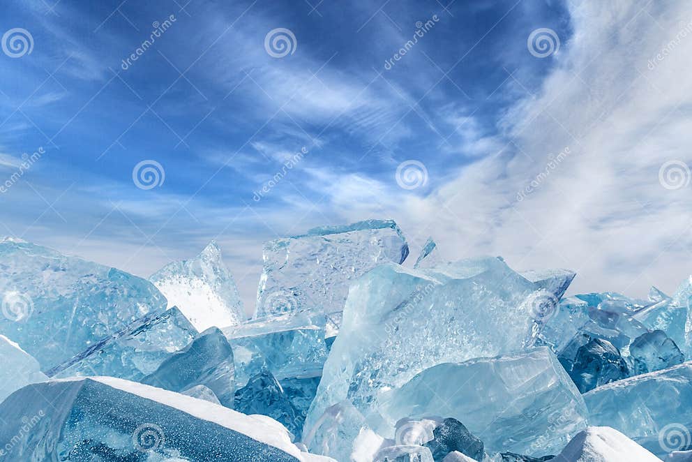 Blocks of Broken Blue Ice on Sky Background Stock Photo - Image of ...
