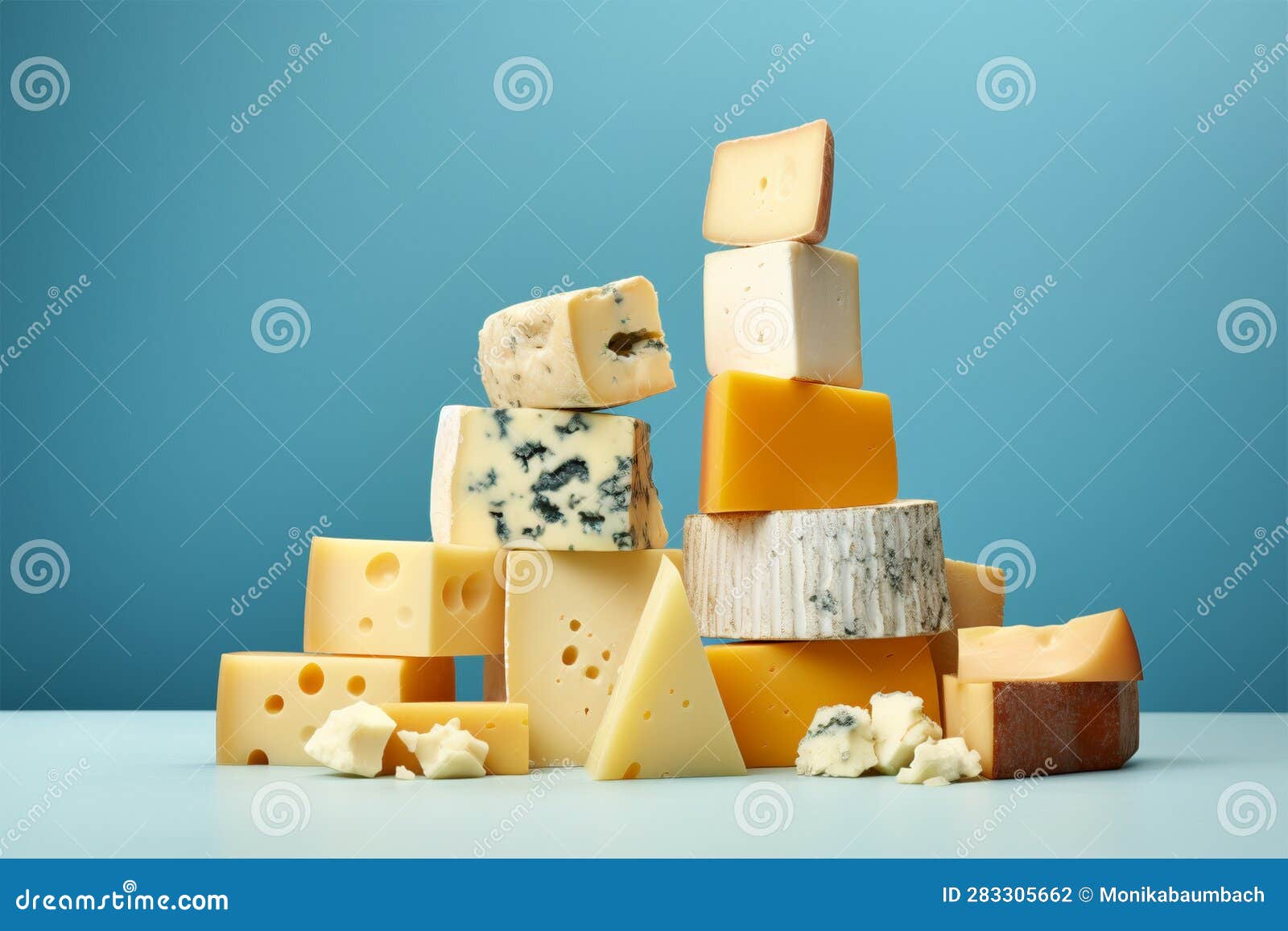 Blocks of Different Types of Cheese on Blue Background Stock ...