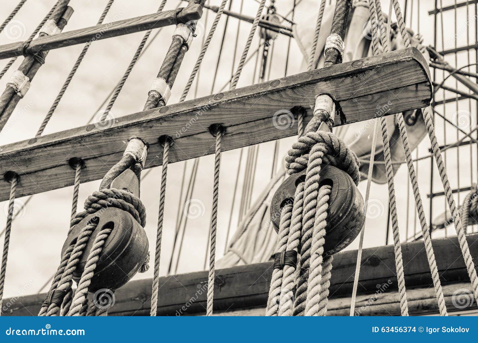 Blocks and Rigging of an Old Sailboat Stock Photo - Image of background ...