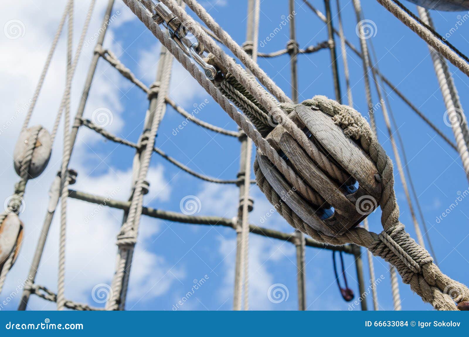 Blocks and Rigging at the Old Sailboat Stock Photo - Image of hoist ...