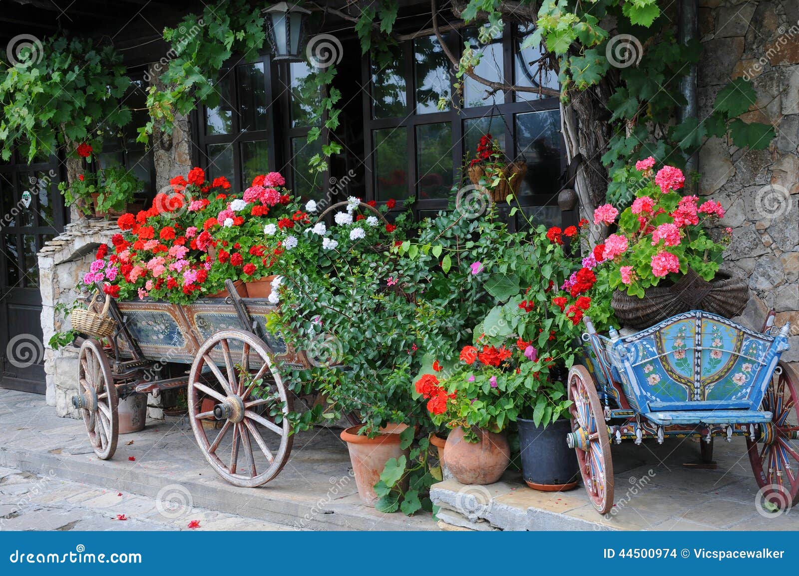 Bloemen in De Karren En De Planters Stock Foto - Image of bloempot ...