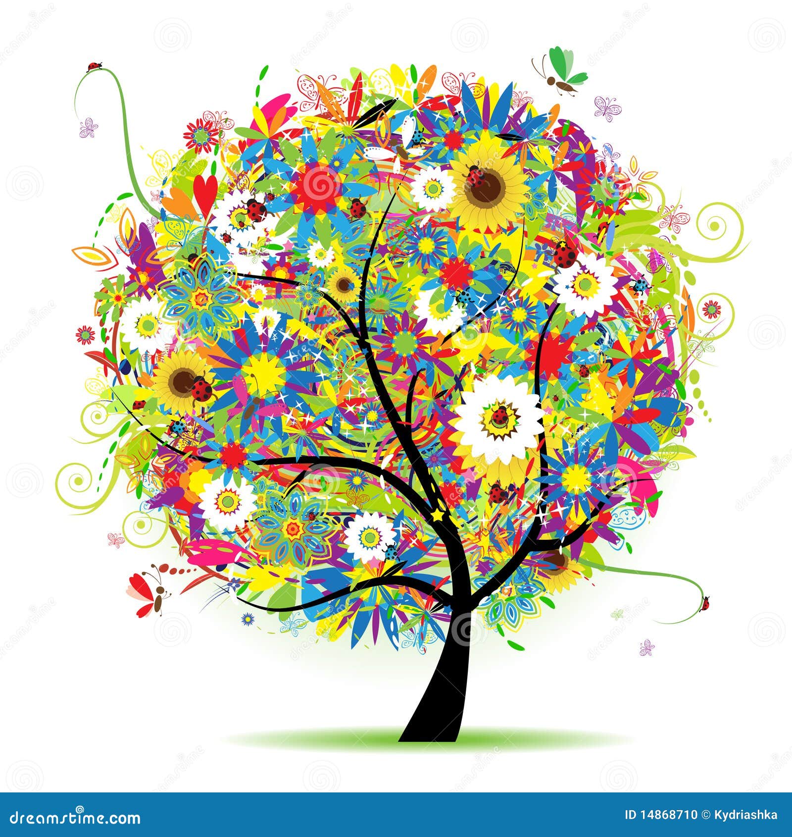 Bloemen Mooie Boom, De Zomer Vector Illustratie - Illustration of gras ...