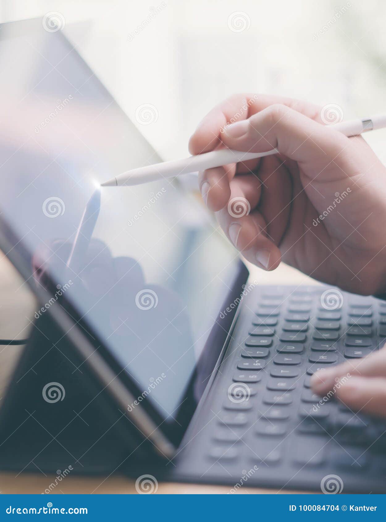 Blogger Using Mobile Touchpad for Work.Closeup View of Male Hands Using ...