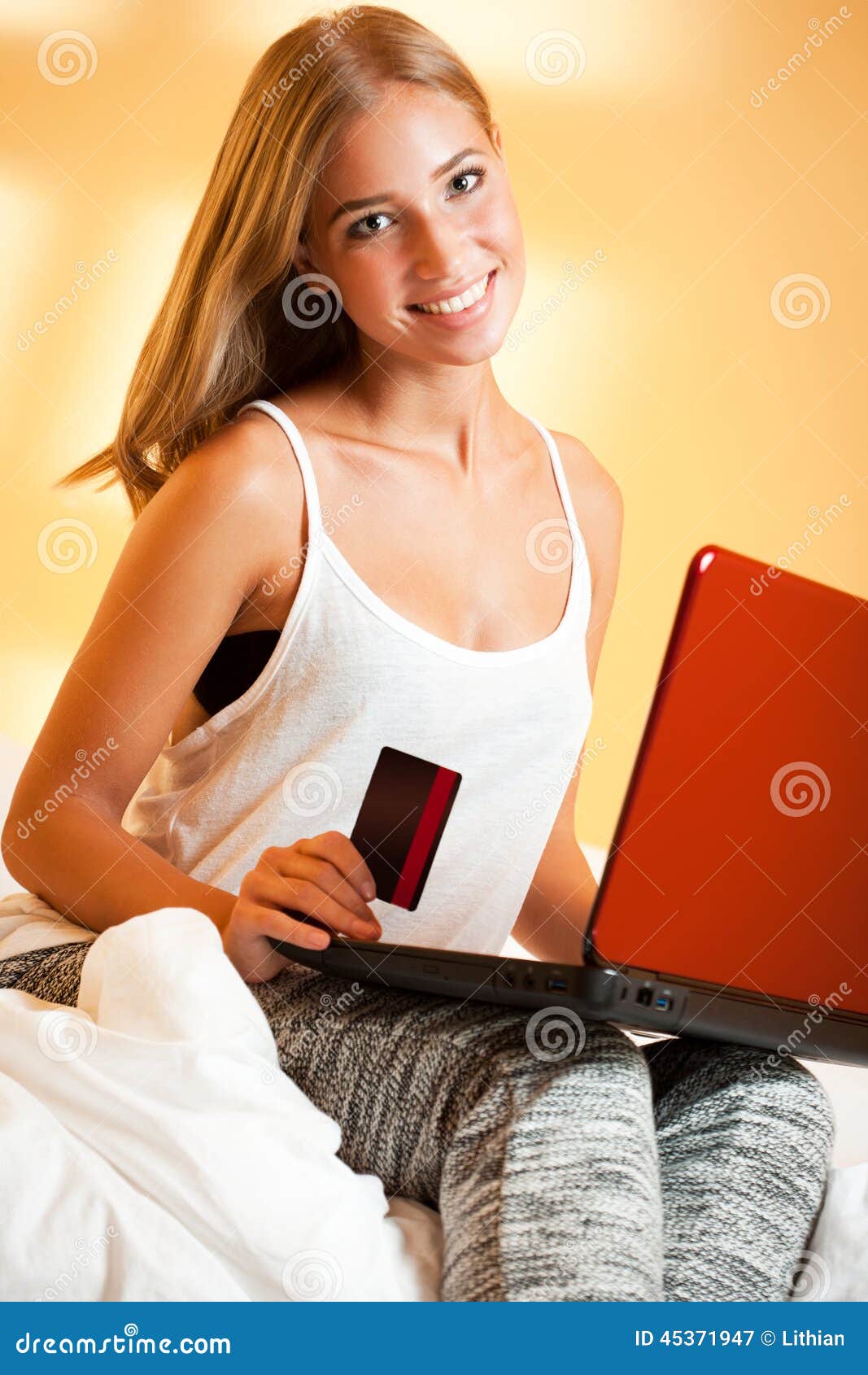 Blond beauty with laptop. stock image. Image of buying - 45371947