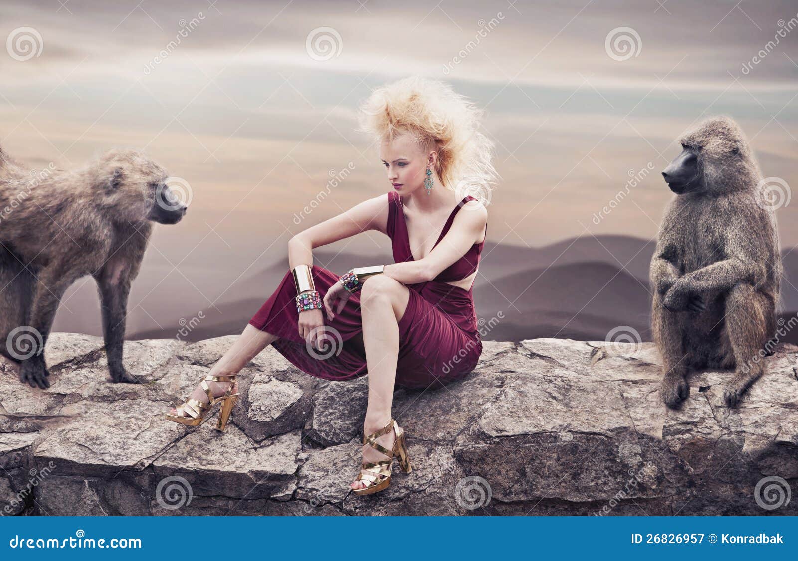 Blond Beauty Posing with Monkeys Stock Image - Image of extreme, nature ...