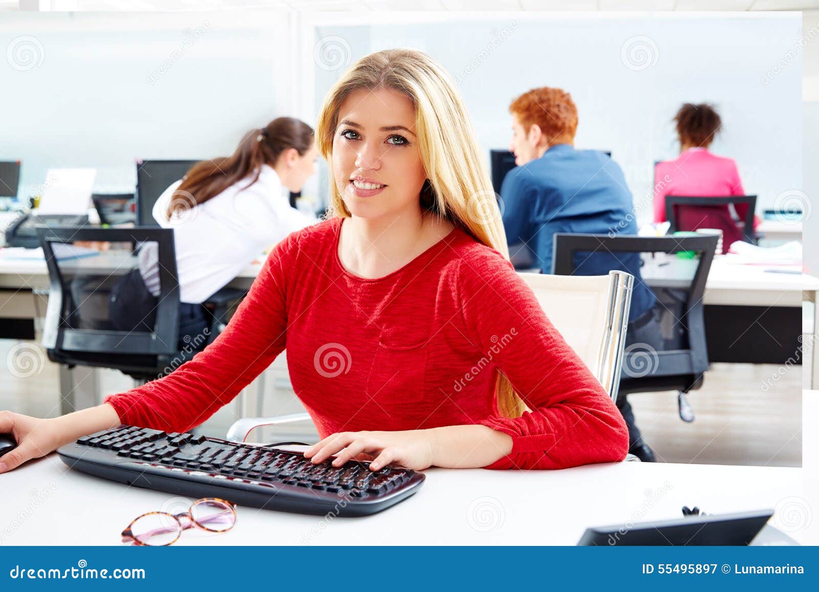 Blond Businesswoman Working Office with Computer Stock Image - Image of ...