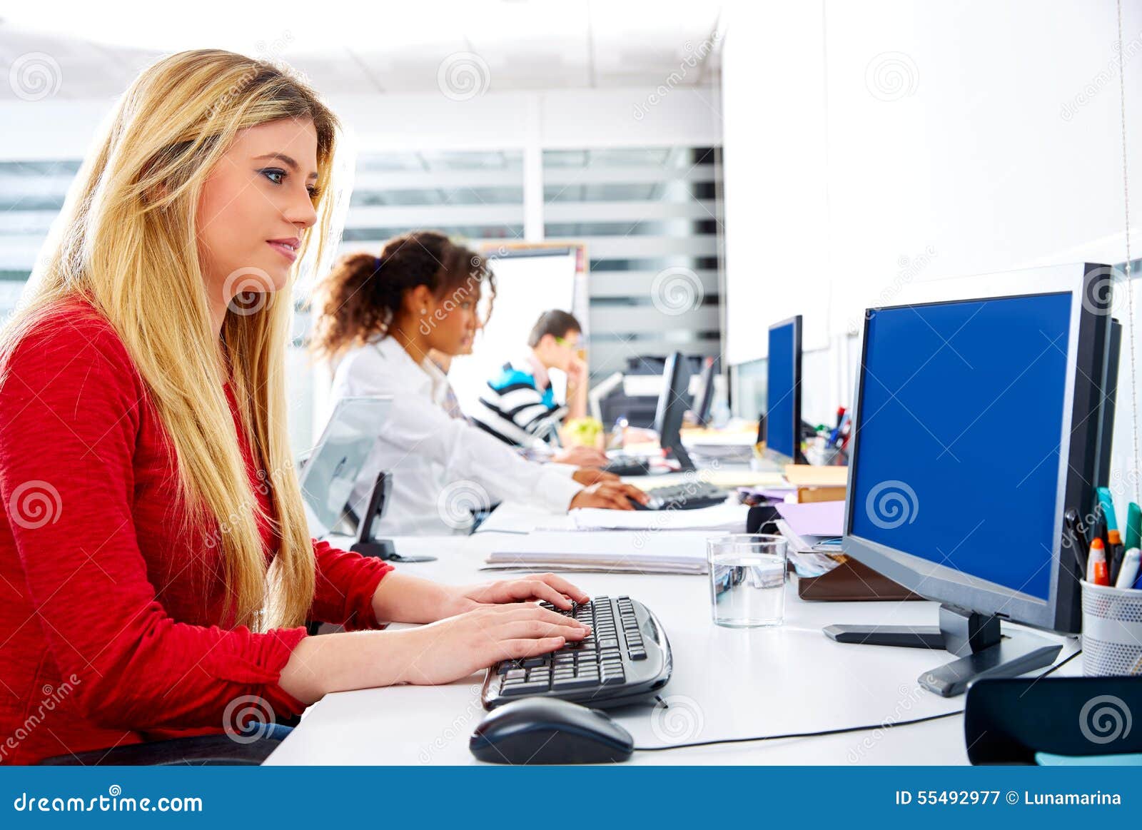 Blond Businesswoman Young Office with Computer Stock Image - Image of ...