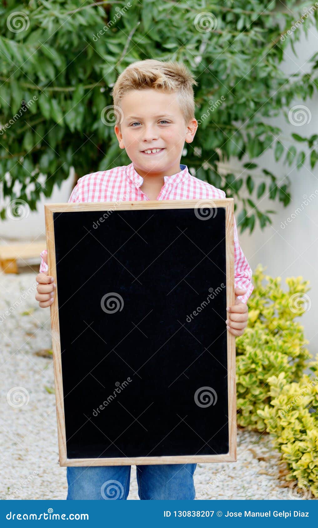 Blond Child Holding a Slate Stock Image - Image of blackboard, blond ...