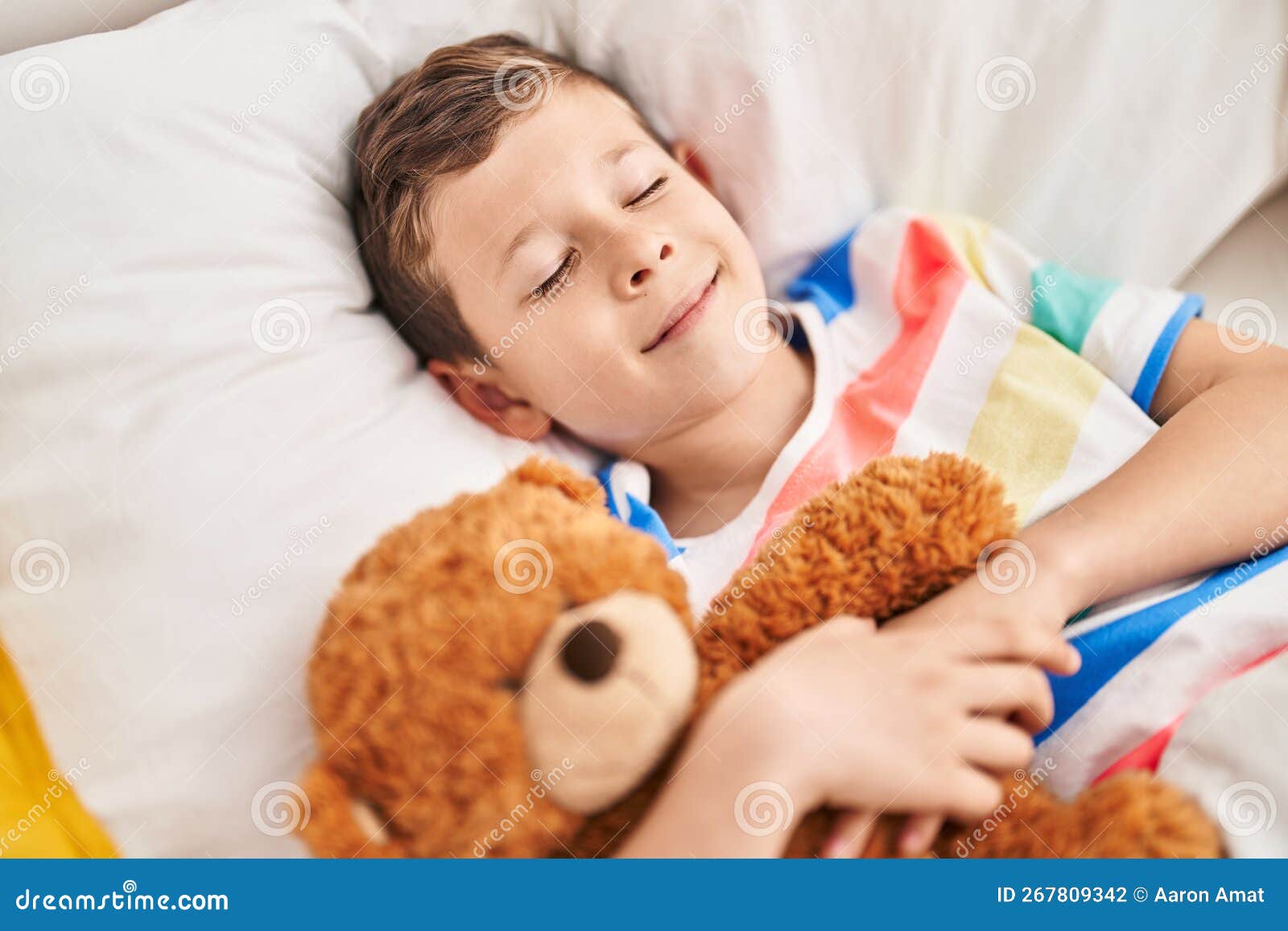 Blond Child Hugging Teddy Bear Sleeping on Bed at Bedroom Stock Photo ...
