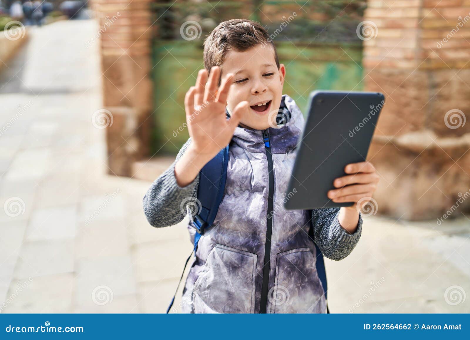 Blond Child Student Having Video Call at Street Stock Photo - Image of ...