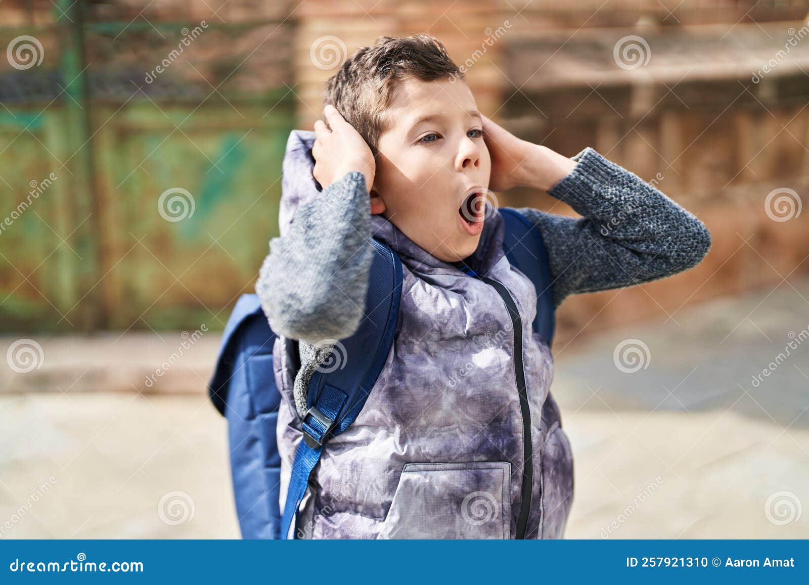 Blond Child Student Standing with Surprise Expression at Street Stock ...