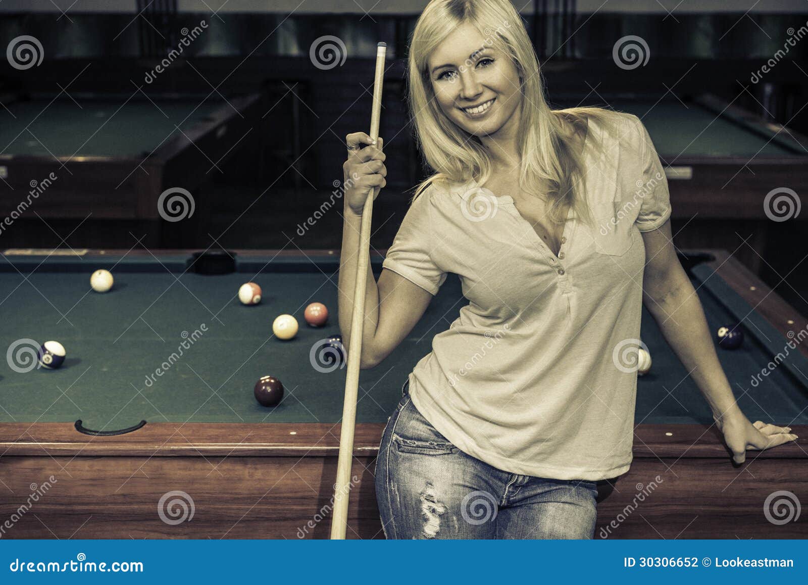 Female playing pool stock photo. Image of jeans, white - 30306652