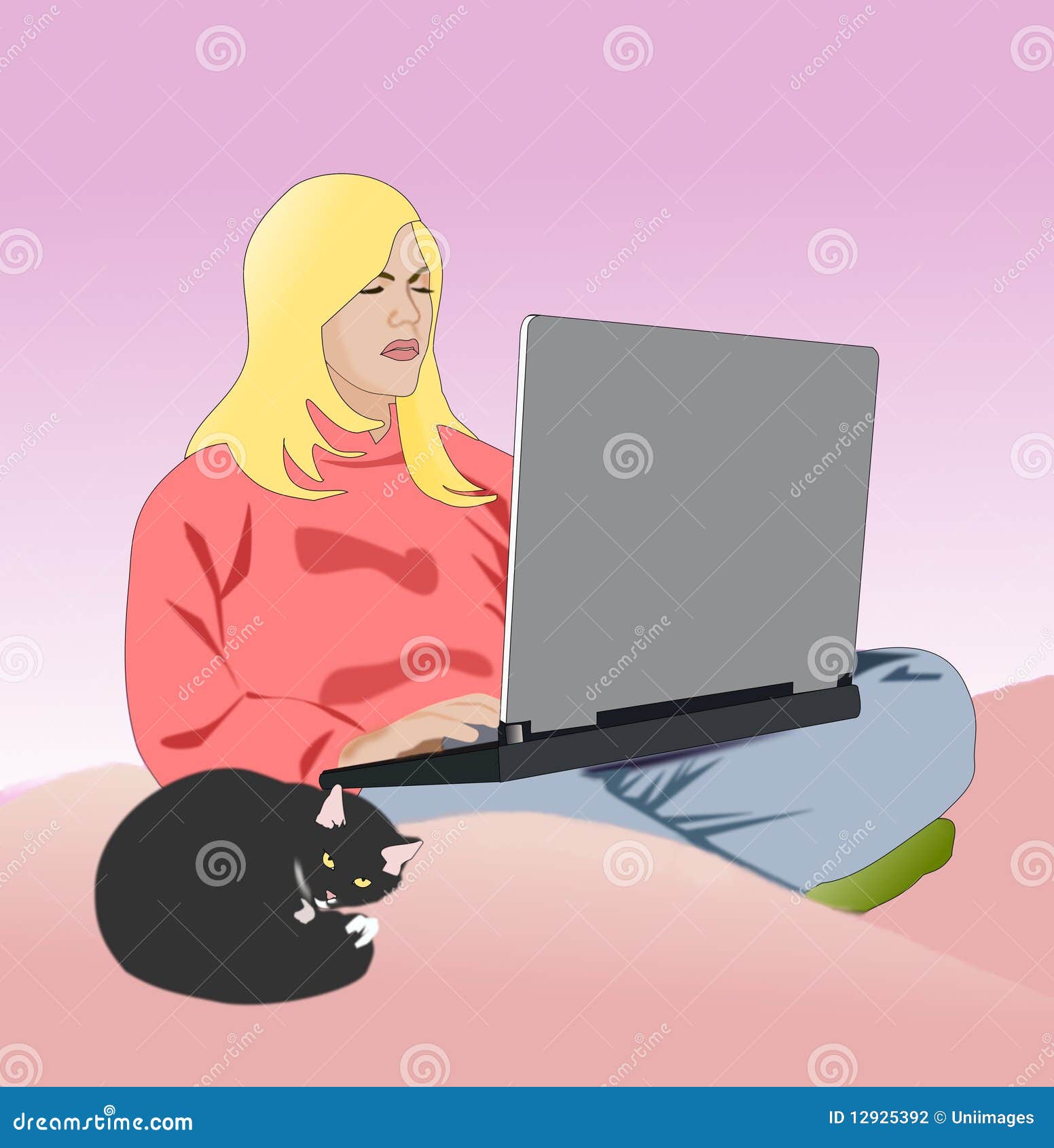 Blond girl with computer. stock illustration. Illustration of drawing ...