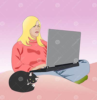 Blond girl with computer. stock illustration. Illustration of drawing ...