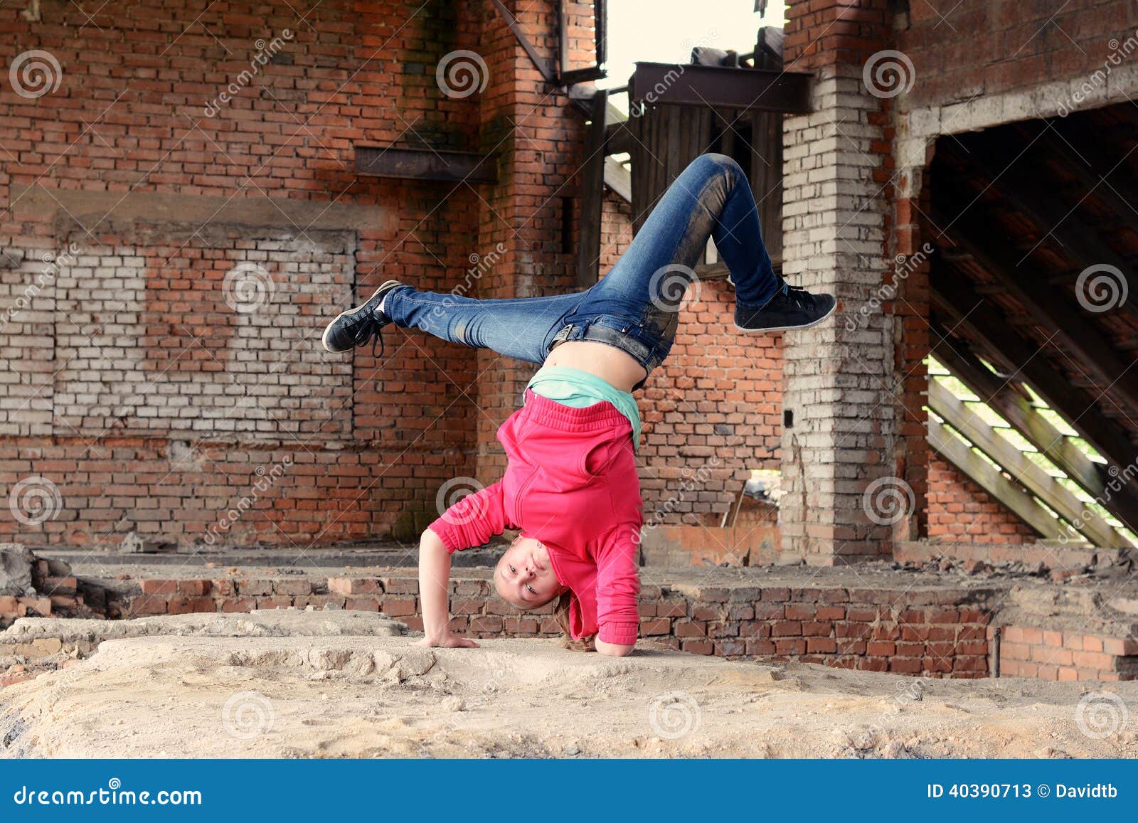 Blond Girl Dancing Break Dance in the Old Brickworks Stock Image ...
