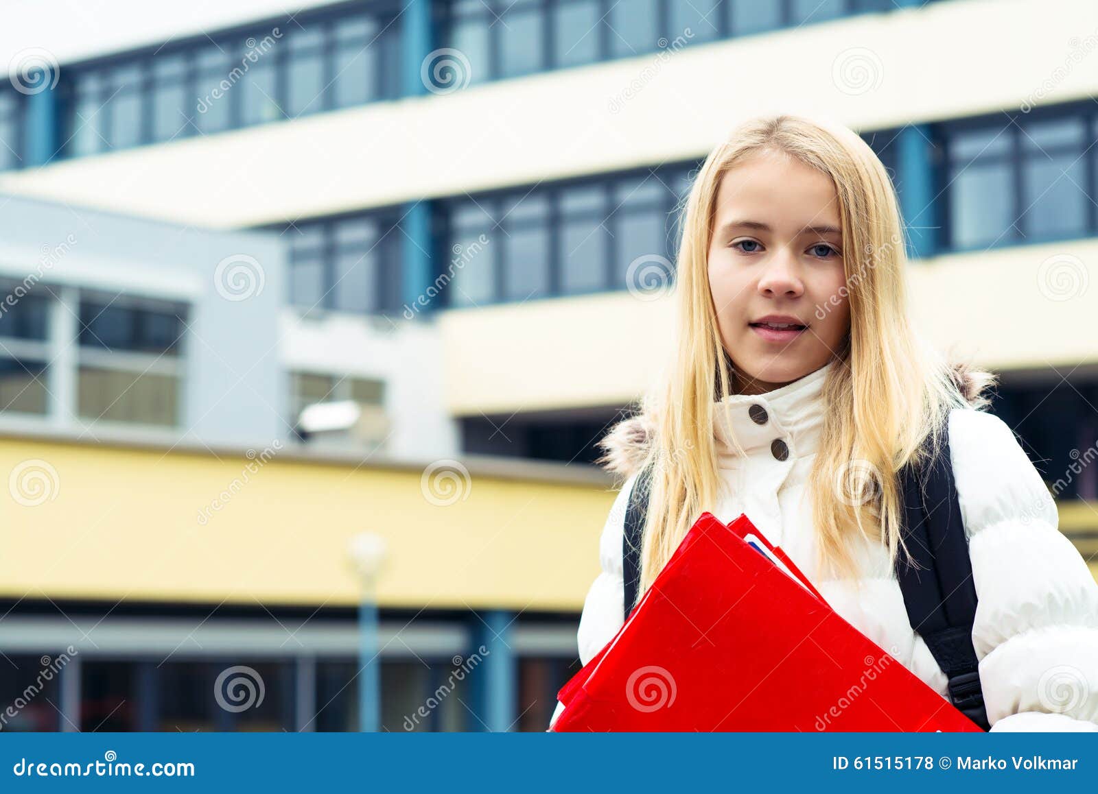 Blond Girl in Front of School Building Stock Photo - Image of pupils ...