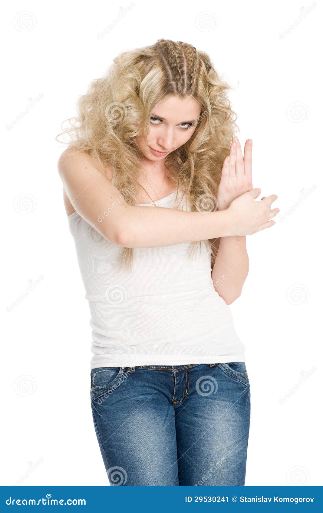 Blond Girl Makes a Sign with His Hands. Stock Image - Image of gorgeous ...