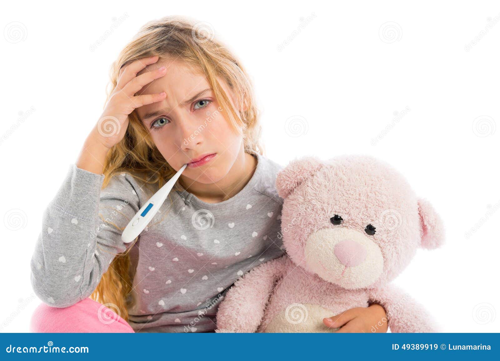 Blond Girl with Thermometer and Flu Cold in Pyjama Stock Image - Image ...