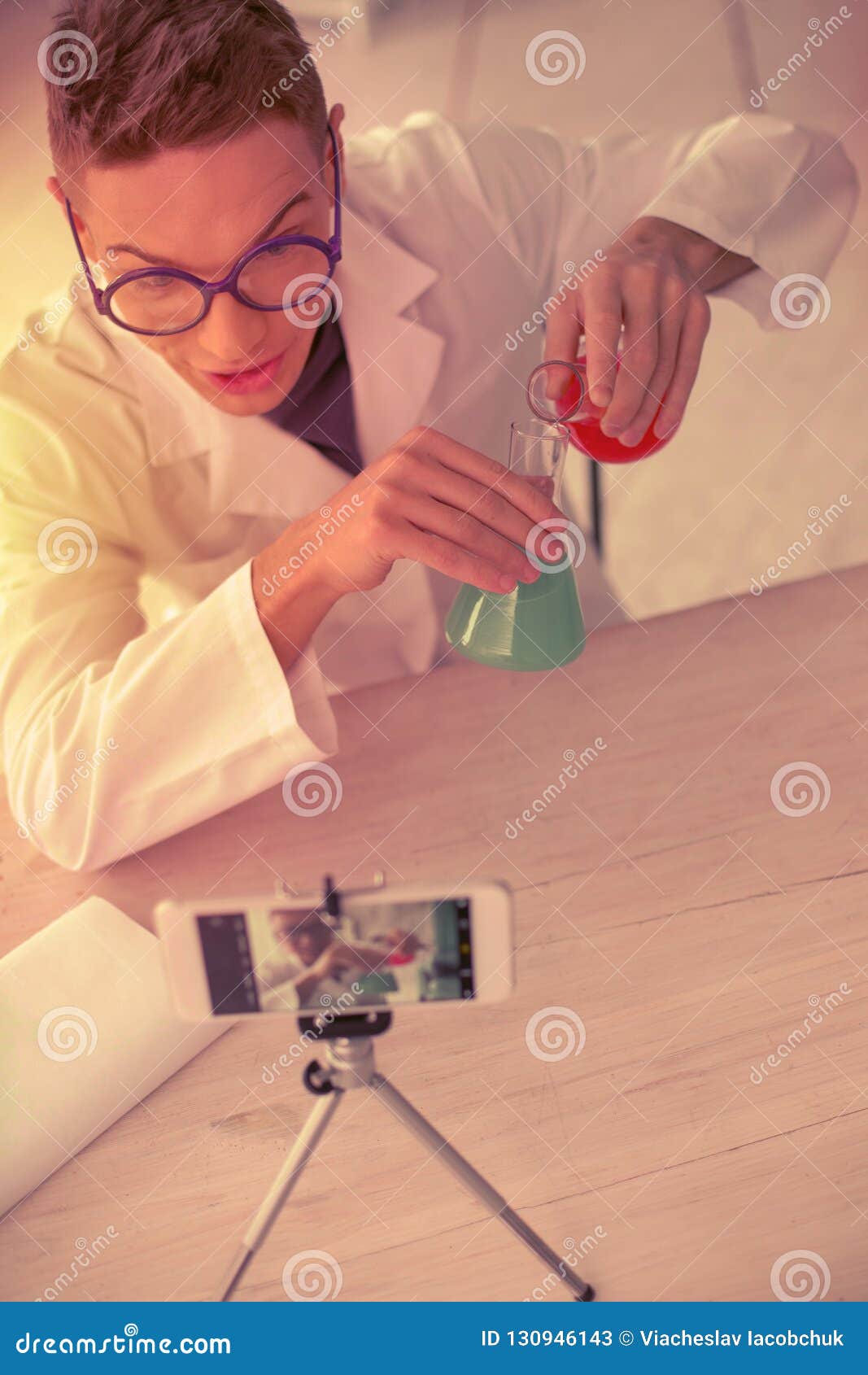 Blond Guy Energetically Narrating about Science Experiment Stock Image ...
