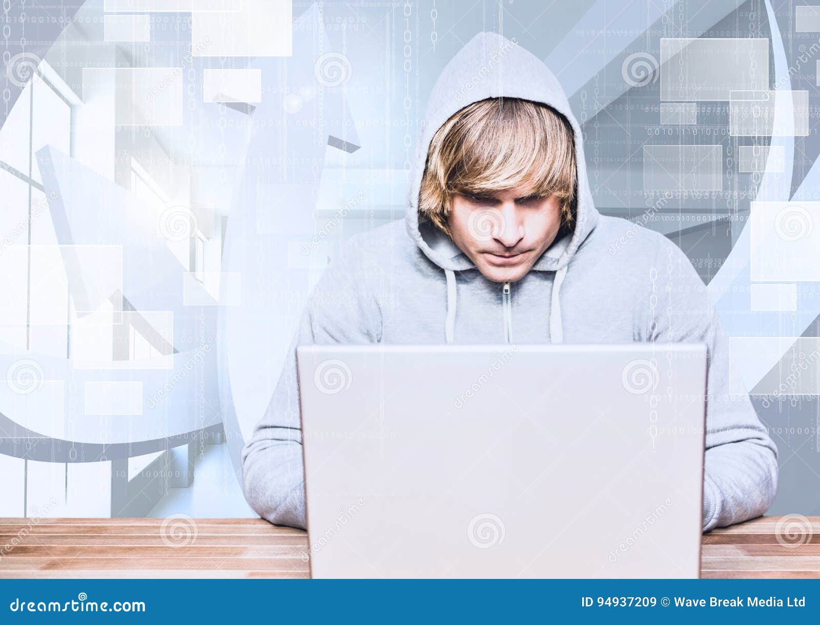 Blond Hair Hacker Using a Laptop in Front of White Background Stock ...