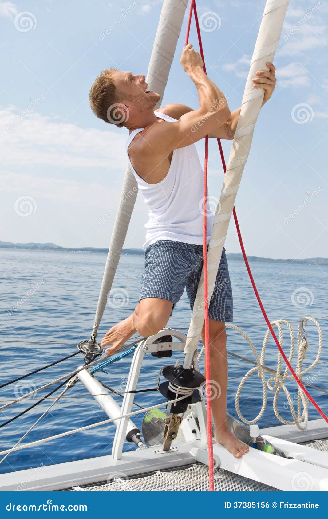 Blond Handsome Young Man on Sailing Boat. Stock Photo - Image of ...