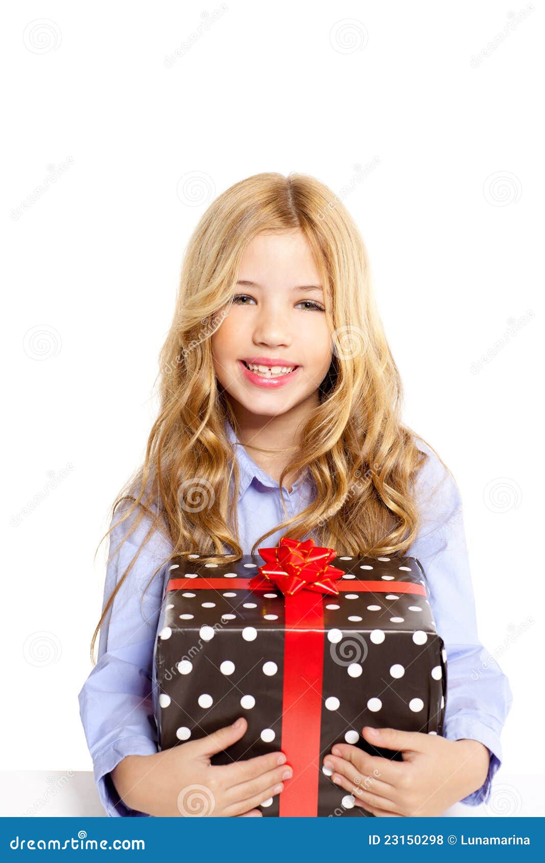 Blond Kid Girl with Present Gift Red Ribbon Box Stock Photo - Image of ...