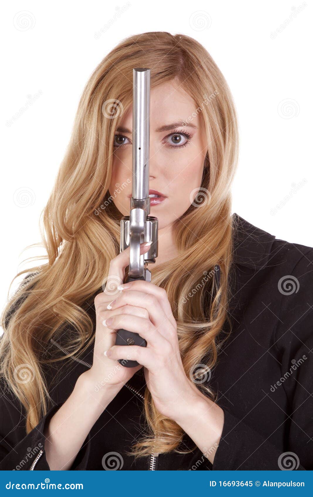 Blond looking around gun stock image. Image of hand, person - 16693645