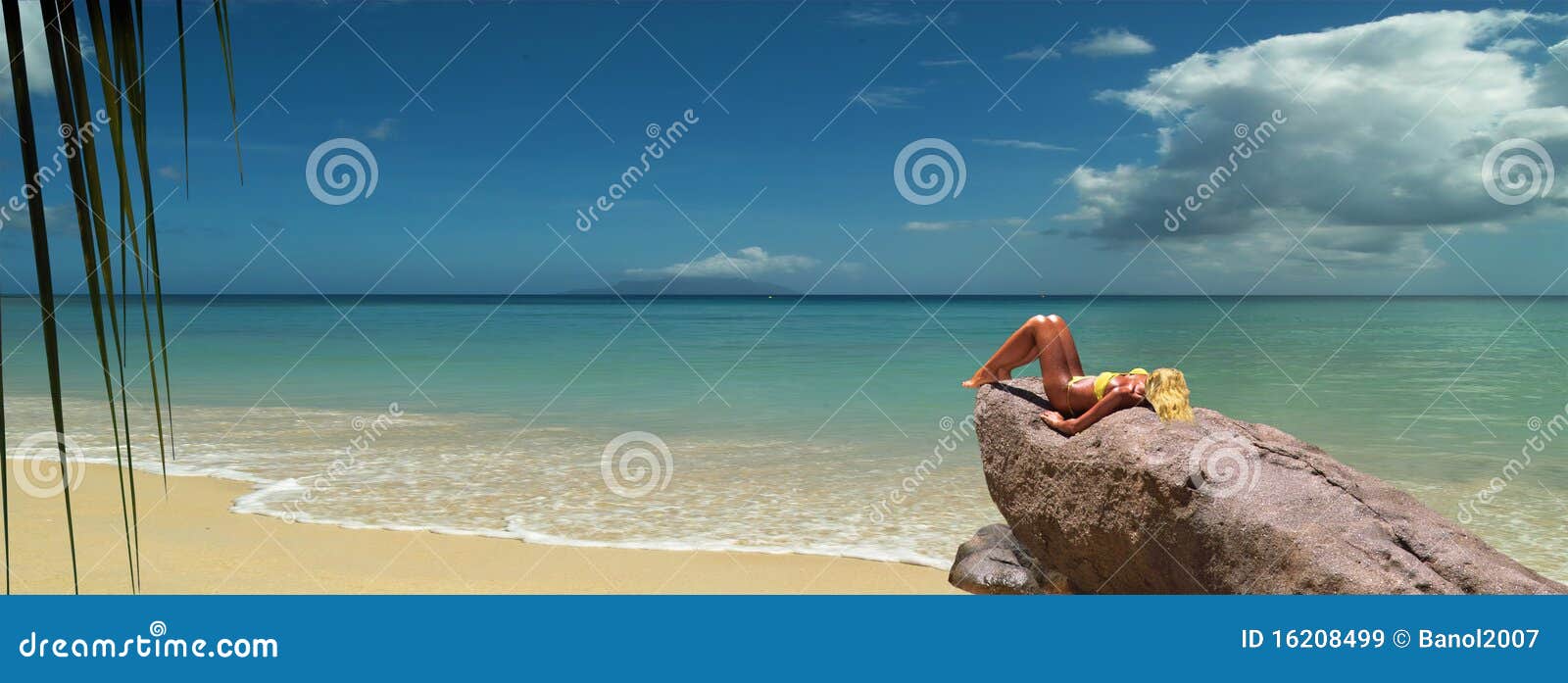 Tanning Blond Model, Beach Rock. Panorama Stock Image - Image of blue ...