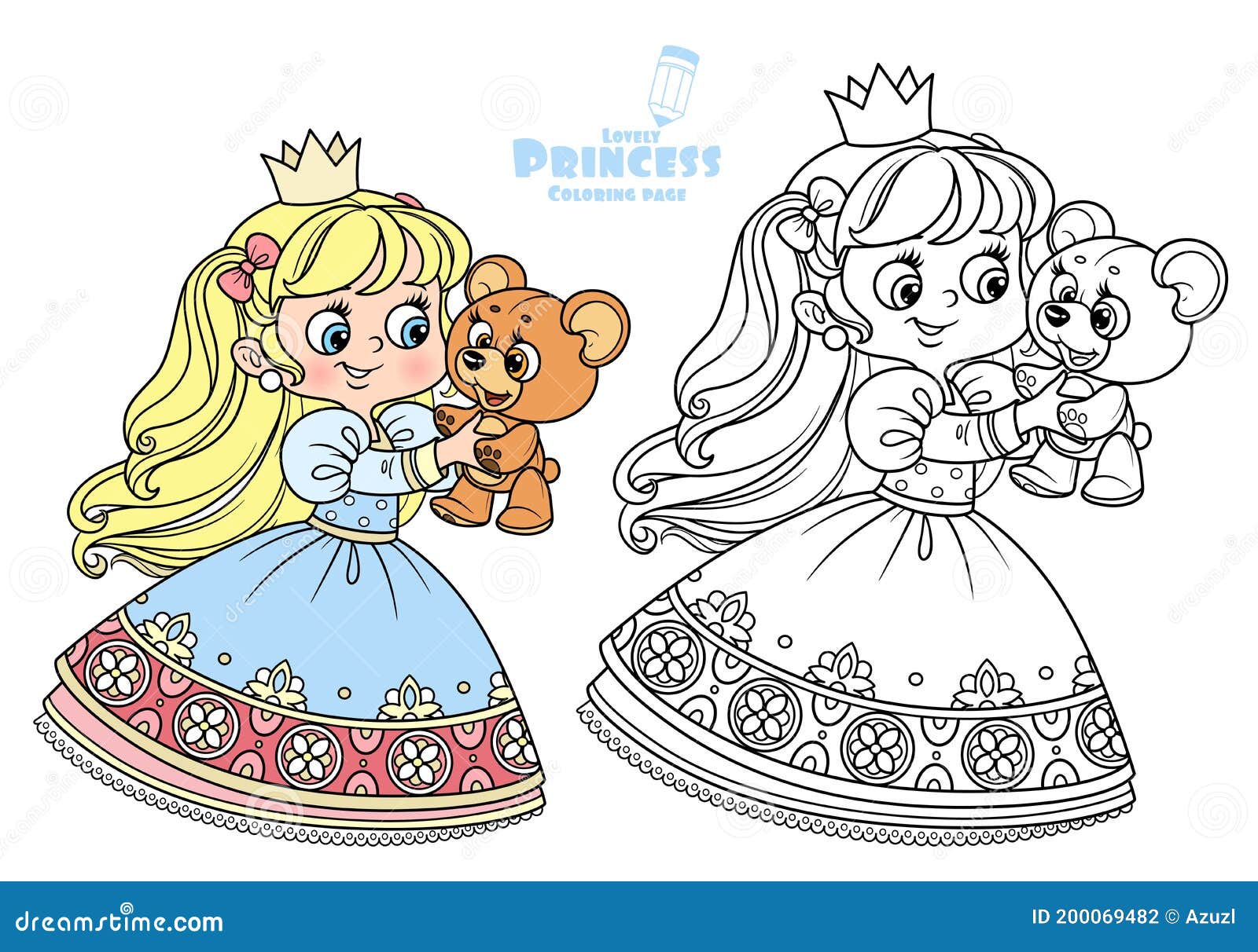 Blond Princess Playing with Teddy Bear Outlined and Color for Coloring ...