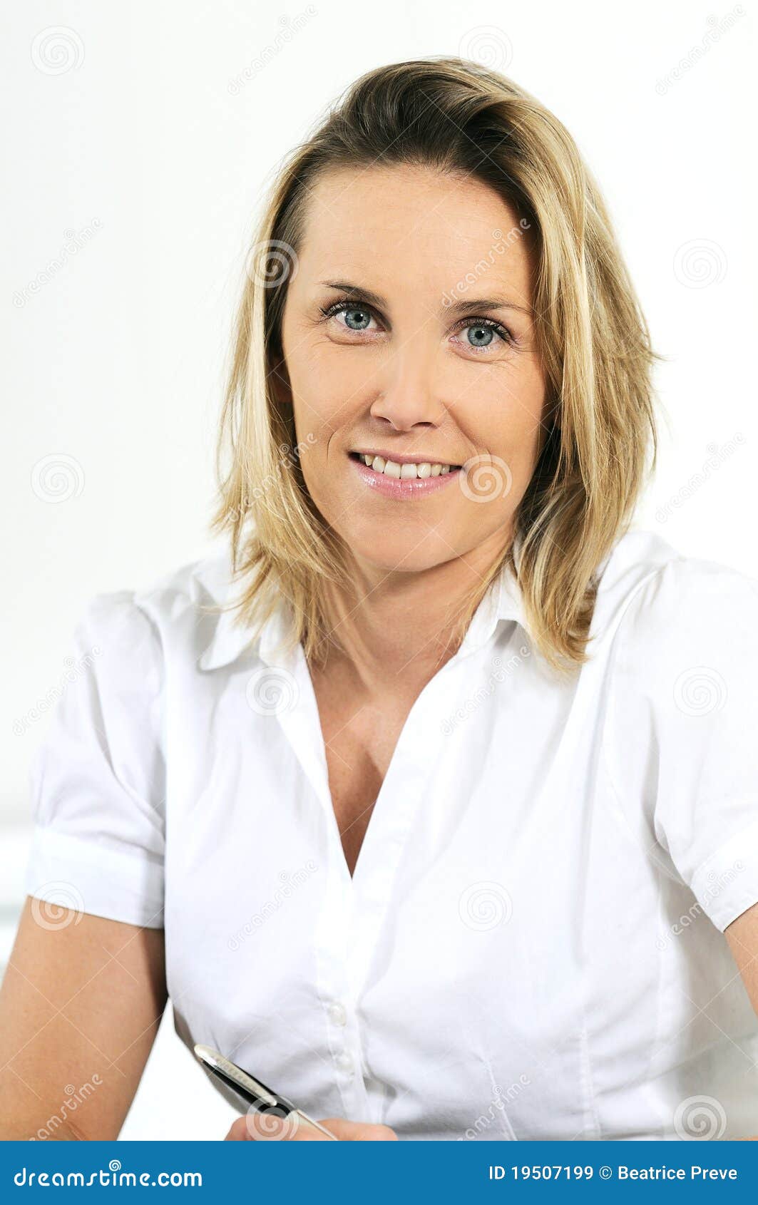 Bland Woman In A White Shirt, Middle-aged European Girl, Laughs ...