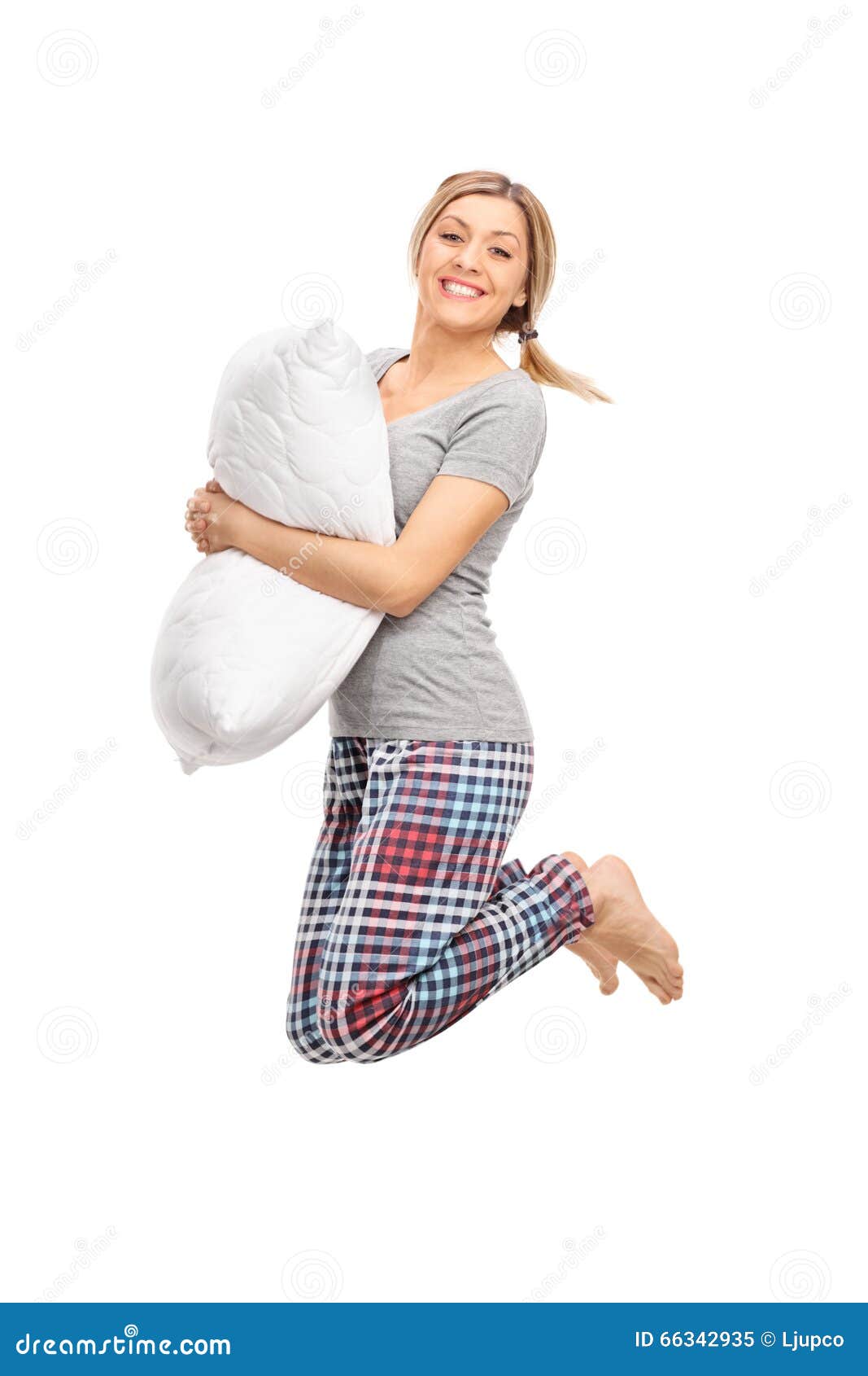 Blond Woman Holding A Pillow And Jumping Stock Image Image Of Person