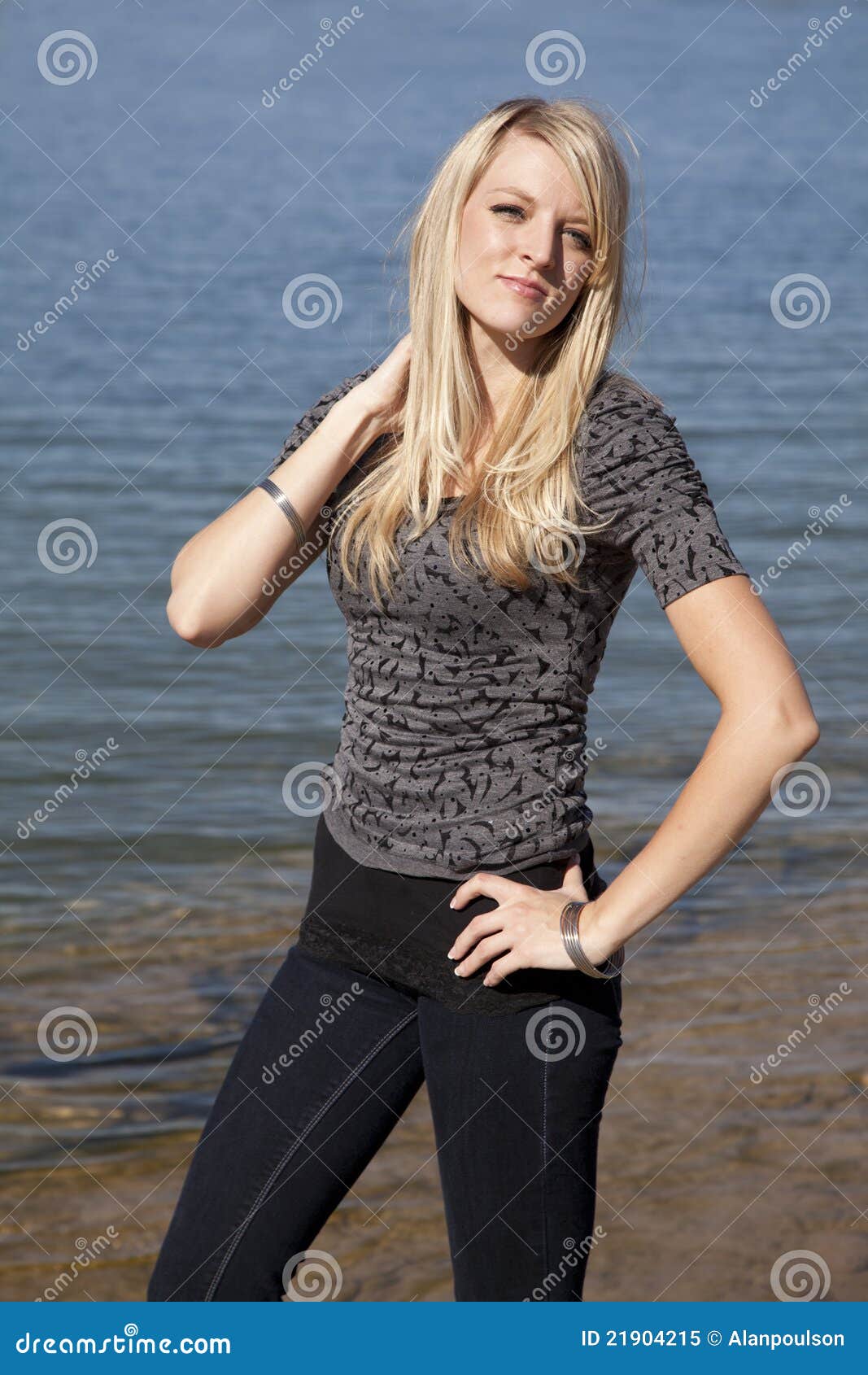 Blond woman lake stand stock image. Image of hair, lake - 21904215