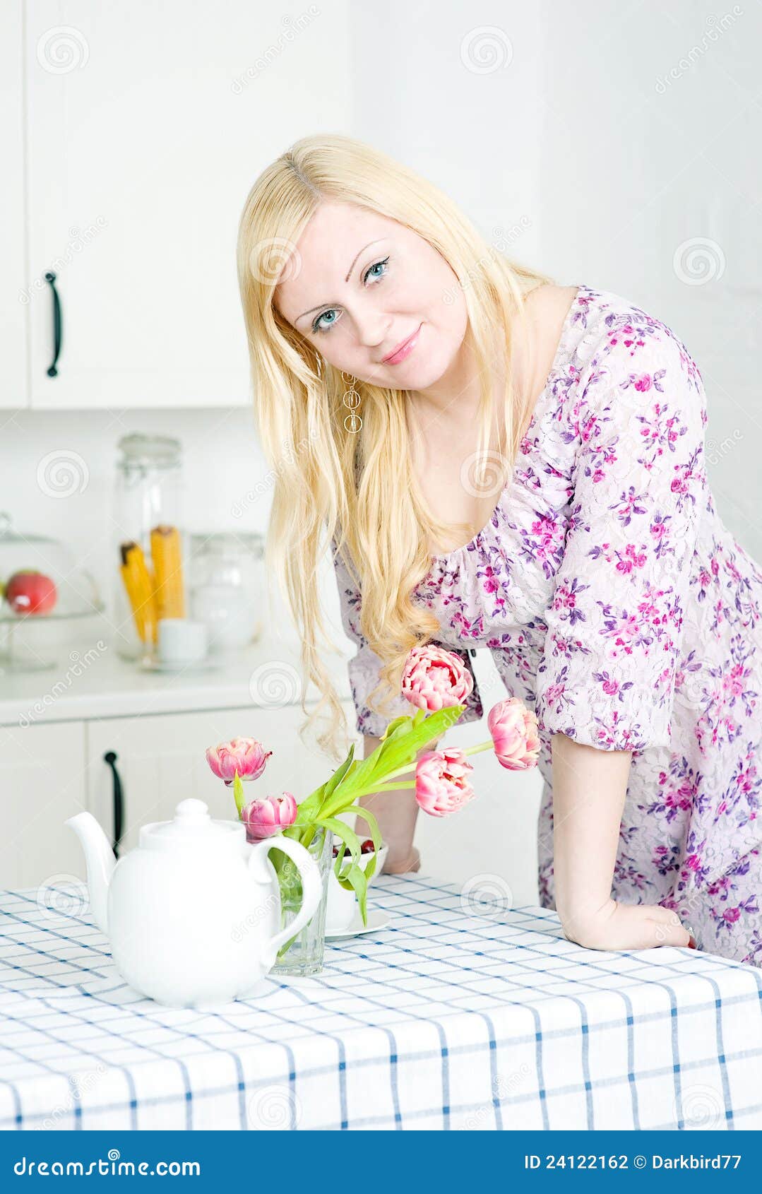 Blond Woman Leaning on the Table Stock Photo - Image of enjoy, person ...